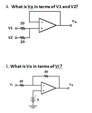 Solved 4. What is Vo in terms of V1 and V2? Vo 10 V1 V2 20 | Chegg.com
