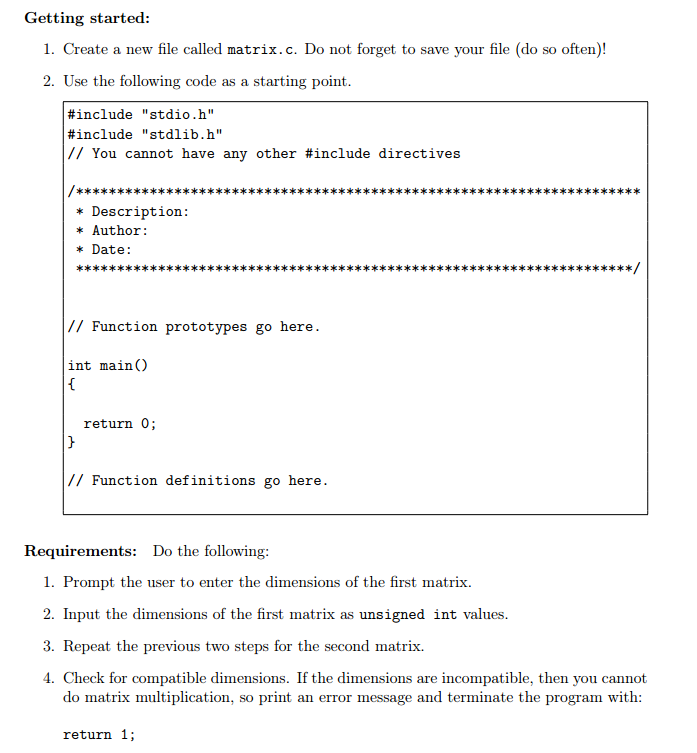 Solved Introduction Write A C Program That Performs Matrix