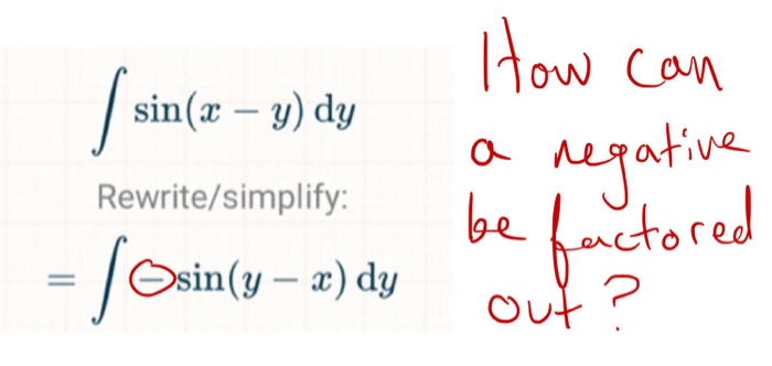 Solved integral sin(x - y) dy Rewrite/simplify: integral - | Chegg.com