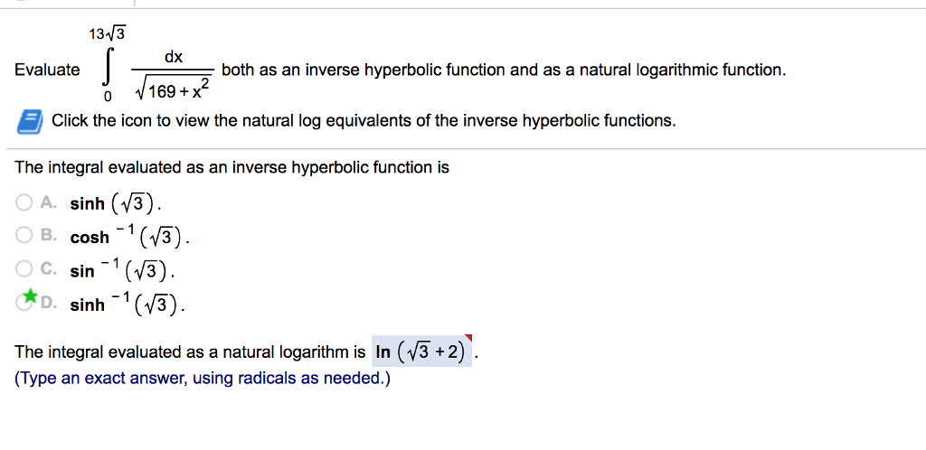Solved 13 3 dx both as an inverse hyperbolic function and as | Chegg.com