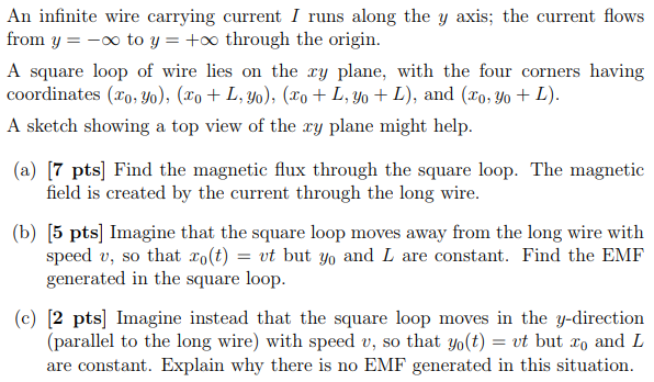 Solved An infinite wire carrying current I runs along the y | Chegg.com