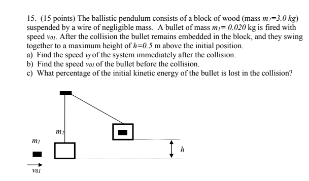 Solved 15. (15 points) The ballistic pendulum consists of a | Chegg.com