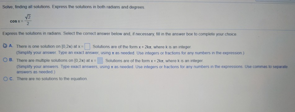 Solved Solve, finding all solutions. Express the solutions | Chegg.com