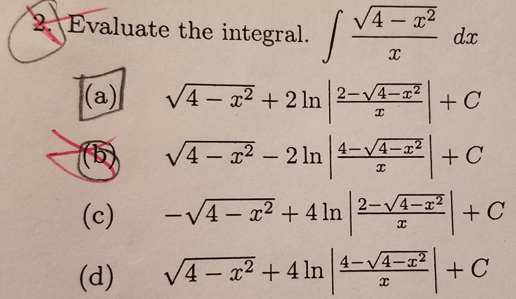 Solved Evaluate the integral. integral Squareroot 4 - x^2/x | Chegg.com