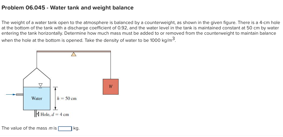 Solved Problem 06.045 - Water tank and weight balance as The | Chegg.com