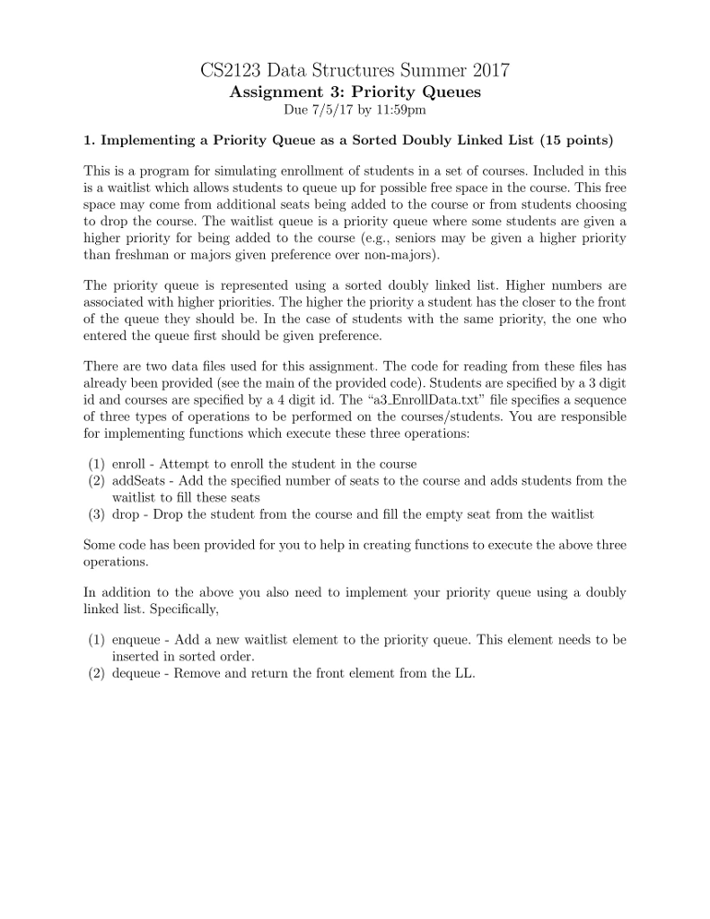 Solved CS2123 Data Structures Summer 2017 Assignment 3: | Chegg.com