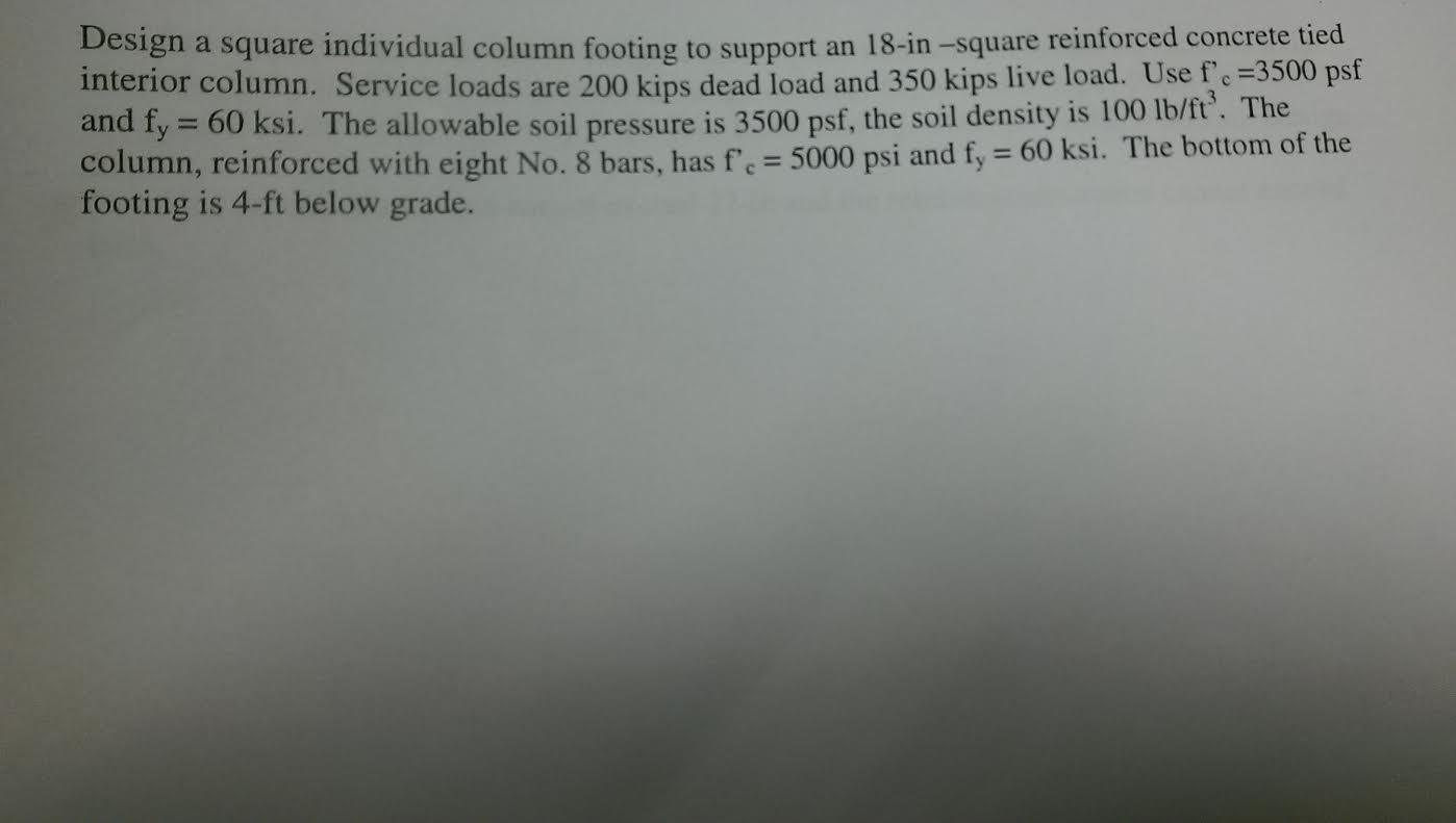 Solved Design a square individual column footing to support | Chegg.com