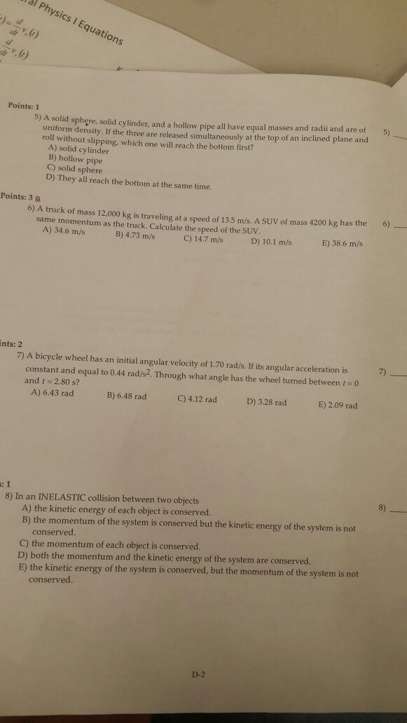Solved Physics Equations Points: 1 5) A solid sphere, solid | Chegg.com