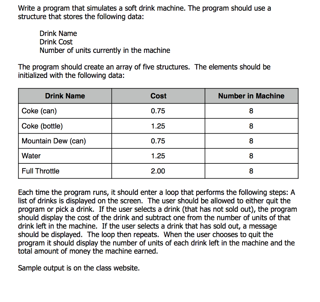 Solved Write A Program That Simulates A Soft Drink Machine