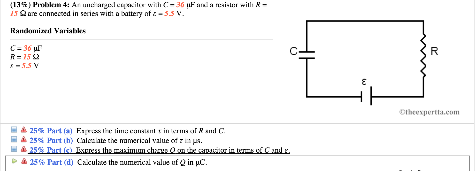 Solved An uncharge capacitor with C = 36 meu F and a | Chegg.com