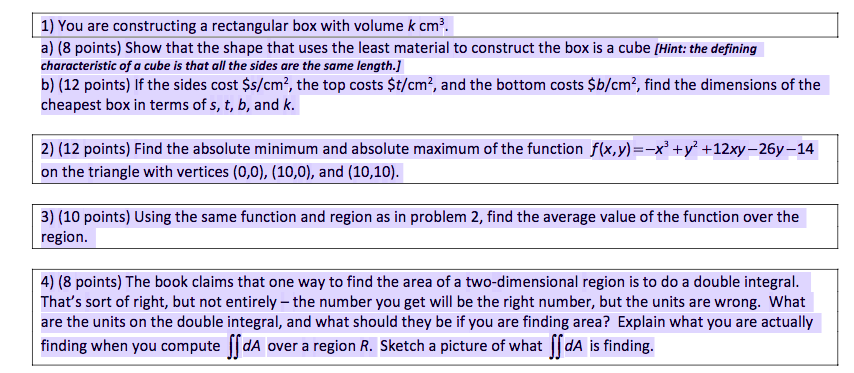 Solved 1) You are constructing a rectangular box with volume | Chegg.com