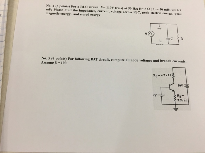 Solved For a RLC circuit: V = 110V (rms) at 50 Hz; R = 5 ohm | Chegg.com