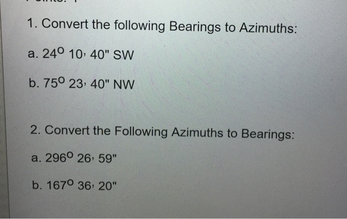 Solved Convert the following Bearings to Azimuths: 24 degree | Chegg.com