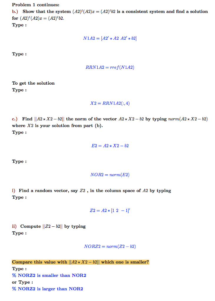 Solved Exercise: 1. Enter matrices A2 and b2 by typing Type: | Chegg.com