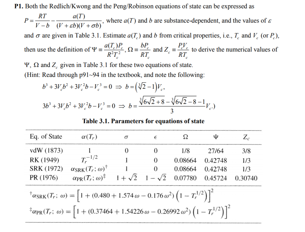 Solved P1. Both the Redlich/Kwong and the Peng/Robinson | Chegg.com