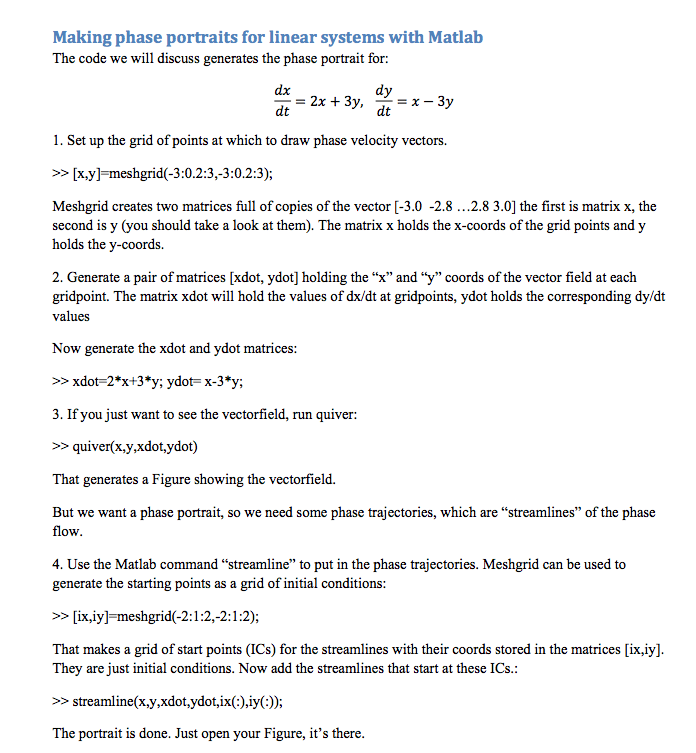 Making phase portraits for linear systems with Matlab | Chegg.com