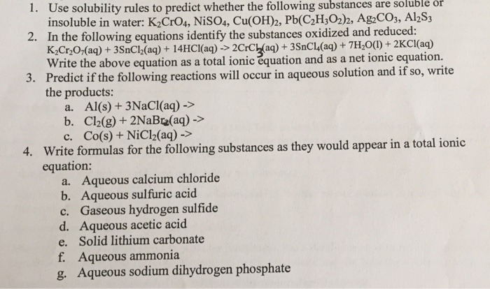 Solved Use solubility rules to predict whether the following | Chegg.com