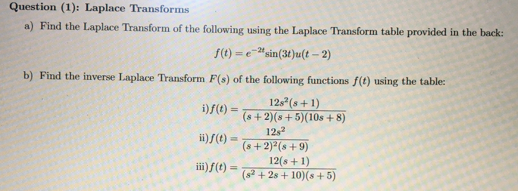 Solved Question (1): Laplace Transforms a) Find the Laplace | Chegg.com