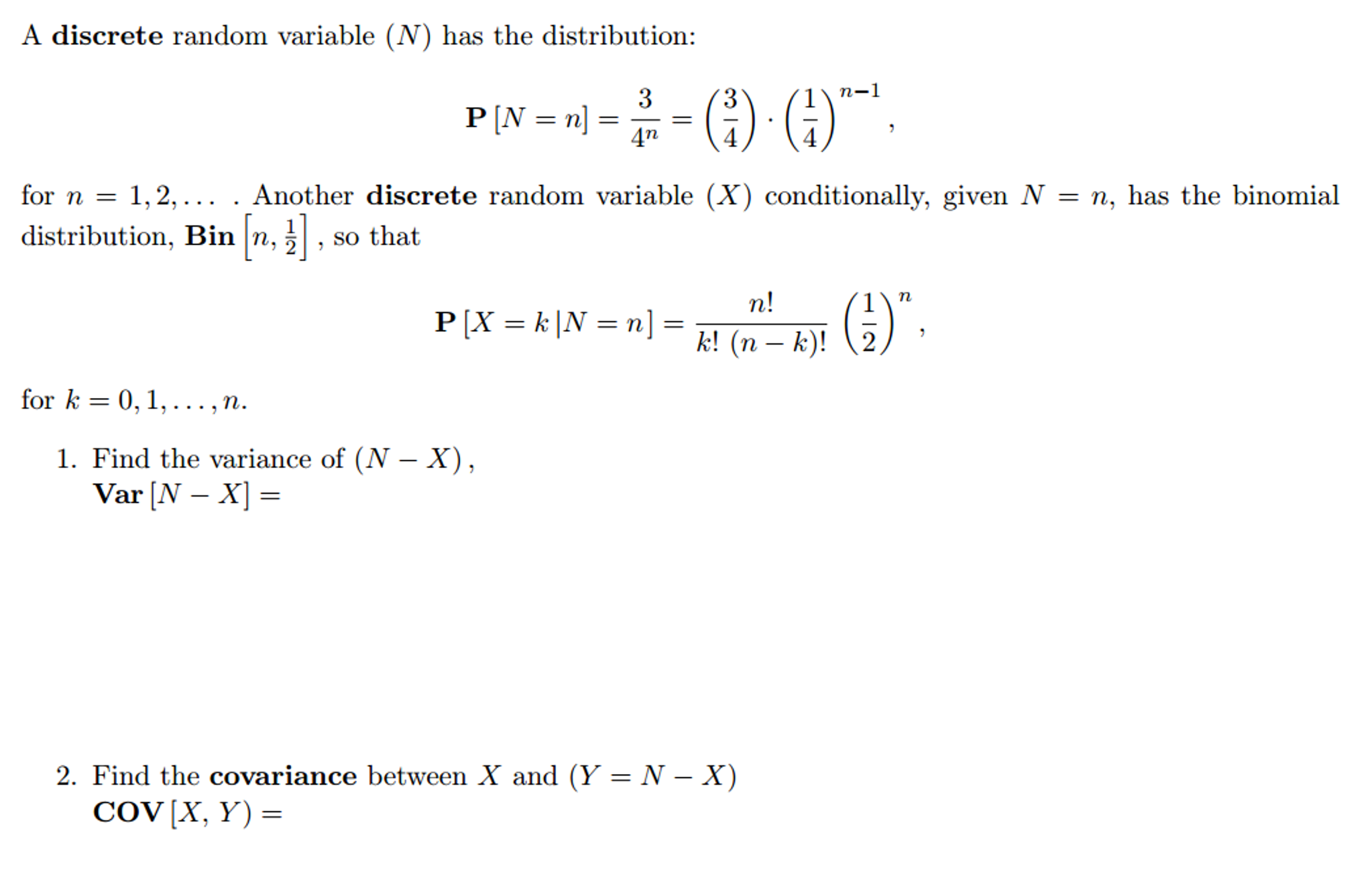 A discrete random variable (N) has the distribution: | Chegg.com