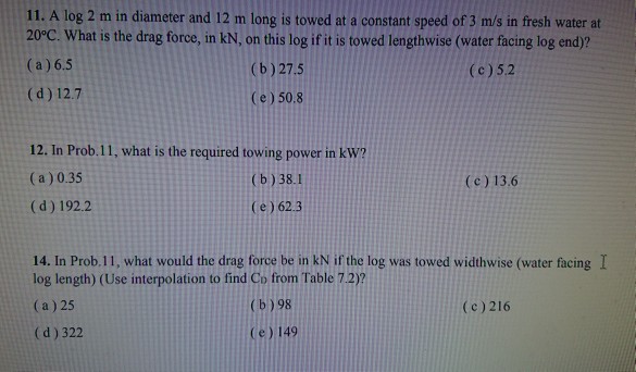 Solved 11. A log 2 m in diameter and 12 m long is towed at a | Chegg.com