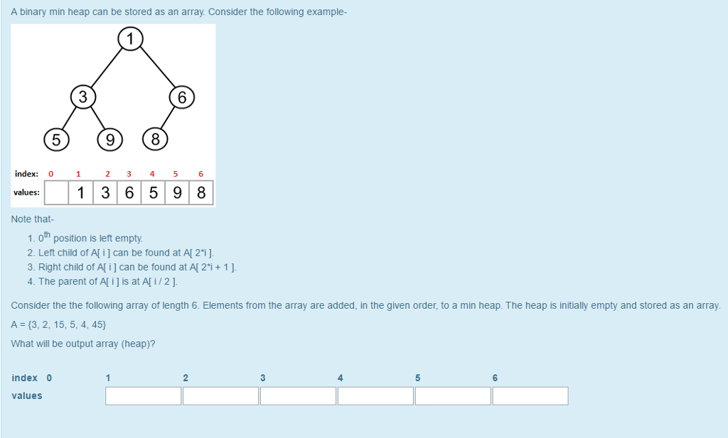 Solved A binary min heap can be stored as an array. Consider | Chegg.com