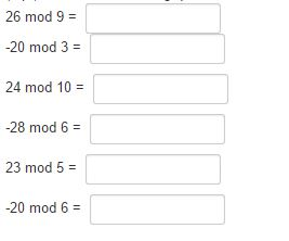 Solved 26 mod 9 = -20 mod 3 = 24 mod 10 -28 mod 6 = 23 mod | Chegg.com