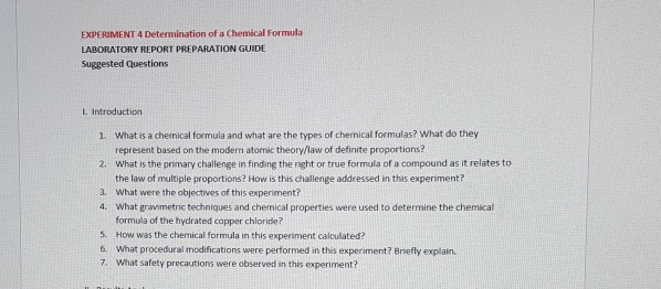 EXPERIMENT 4 Determination of a Chemical Formula | Chegg.com