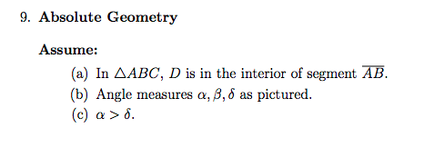 Solved 9. Absolute Geometry Assume: s in the interior of | Chegg.com