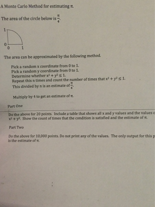 Solved A Monte Carlo Method For Estimating Pi The Area Of