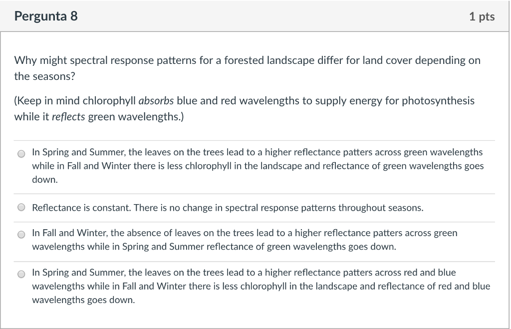 Solved Pergunta 8 1 pts Why might spectral response patterns | Chegg.com