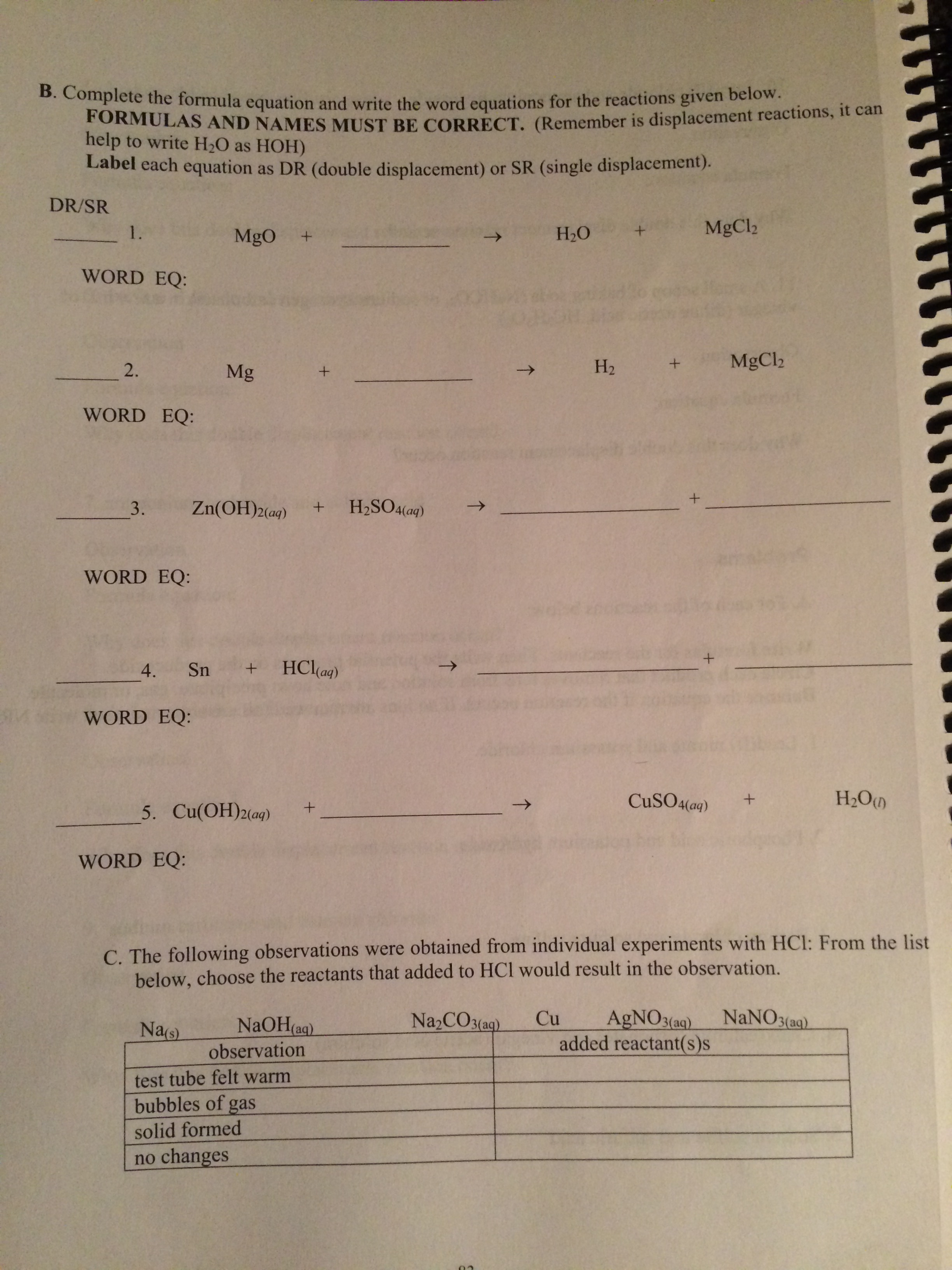Solved Complete the formula equation and write the word | Chegg.com