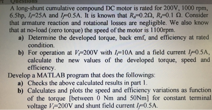 Solved A long-shunt cumulative compound DC motor is rated | Chegg.com