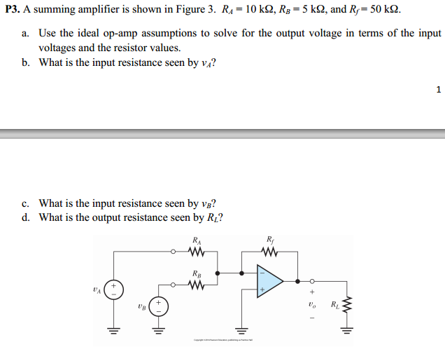 Solved A summing amplifier is shown in Figure 3. RA = 10 | Chegg.com