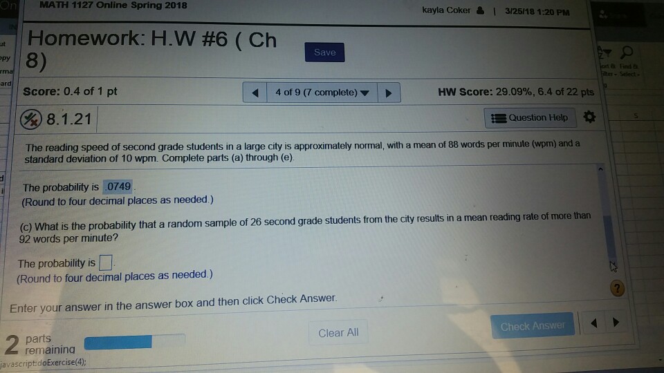 Solved MATH 1127 Online Spring 2018 kayla Coker 3/25/18 1:20 | Chegg.com