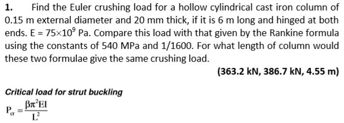 Solved 1. Find the Euler crushing load for a hollow | Chegg.com