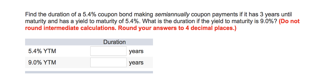 Solved Find the duration of a 5.4% coupon bond making | Chegg.com