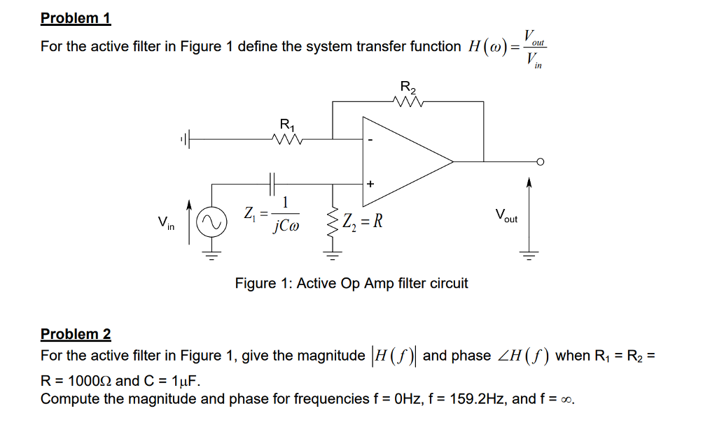 Solved Problem1 For the active filter in Figure 1 define the | Chegg.com
