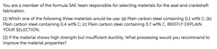 Solved You are a member of the formula SAE team responsible | Chegg.com