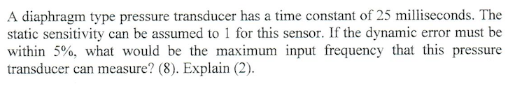 Solved A diaphragm type pressure transducer has a time | Chegg.com