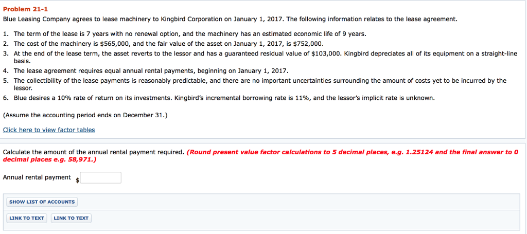 Solved Problem 21-1 Blue Leasing Company agrees to lease | Chegg.com