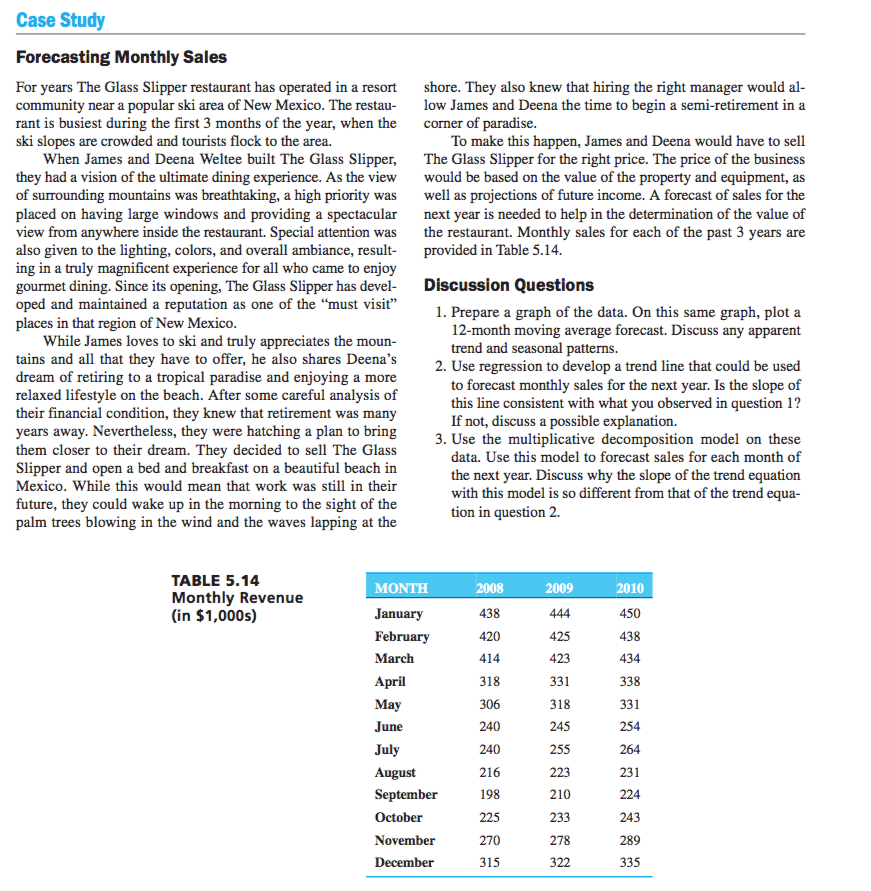 Solved Case Study Forecasting Monthly Sales For years The | Chegg.com