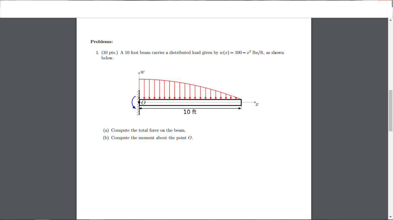 Solved A 10 foot beam carries a distributed load given by | Chegg.com