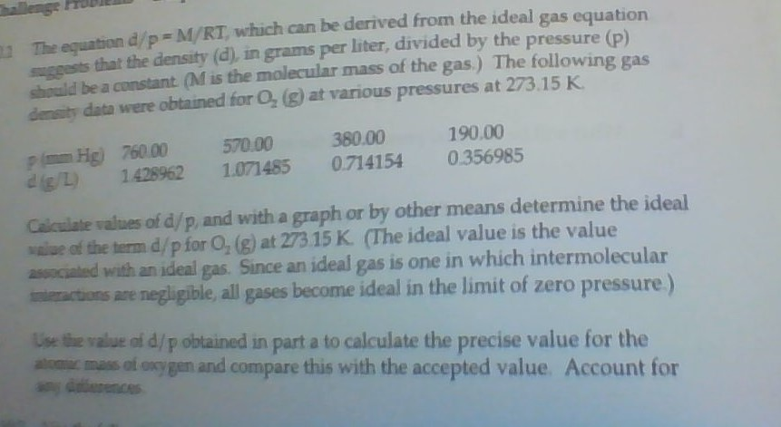 Solved The equation d/p = M/RT, which can be derived from | Chegg.com