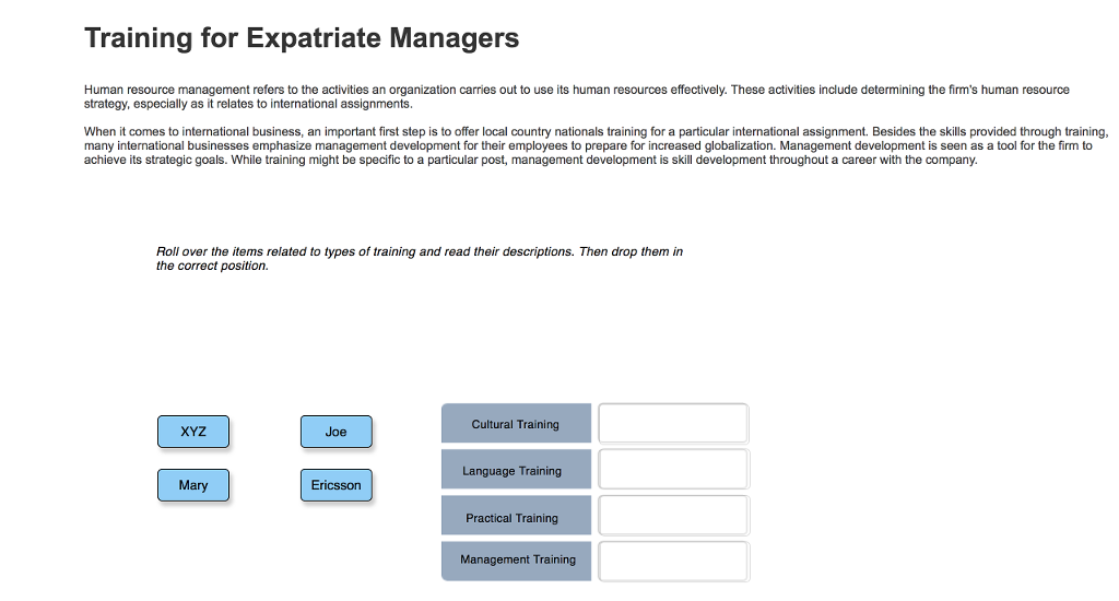 Training for Expatriate Managers Human resource | Chegg.com