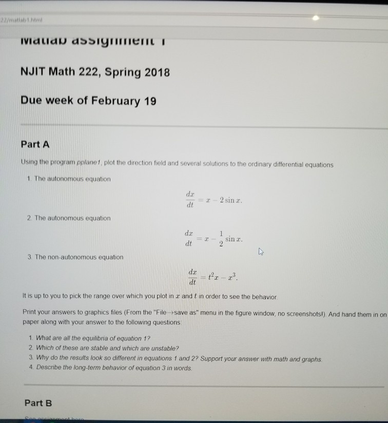 Solved 22/matiab 1.html NJIT Math 222, Spring 2018 Due week | Chegg.com