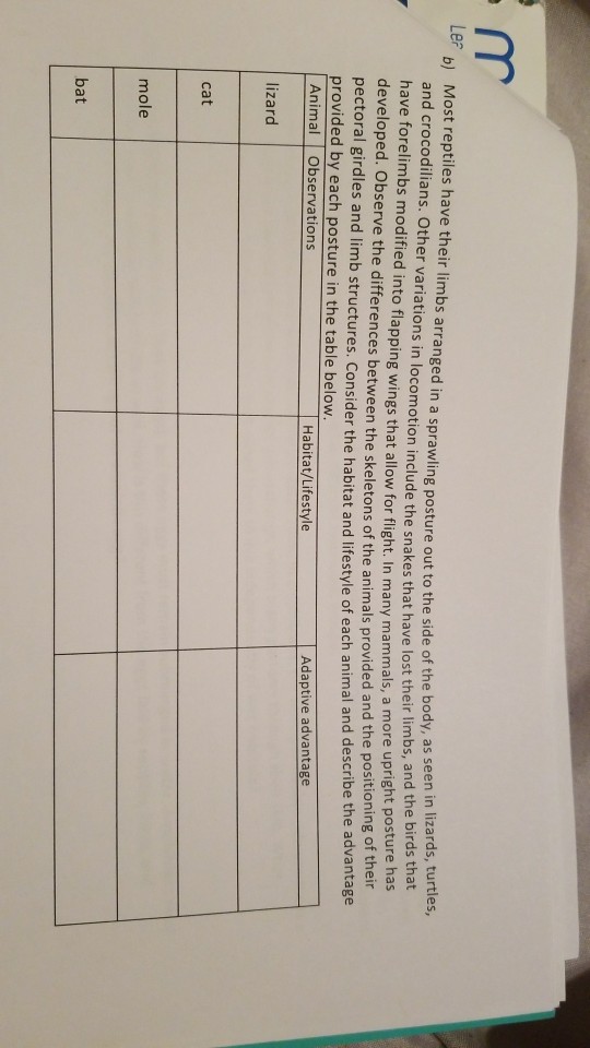 Solved Ler b) Most reptiles have their limbs arranged in a | Chegg.com