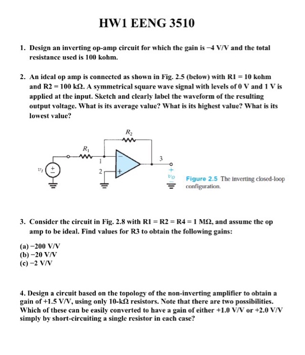 Solved HW1 EENG 3510 1. Design an inverting op-amp circuit | Chegg.com