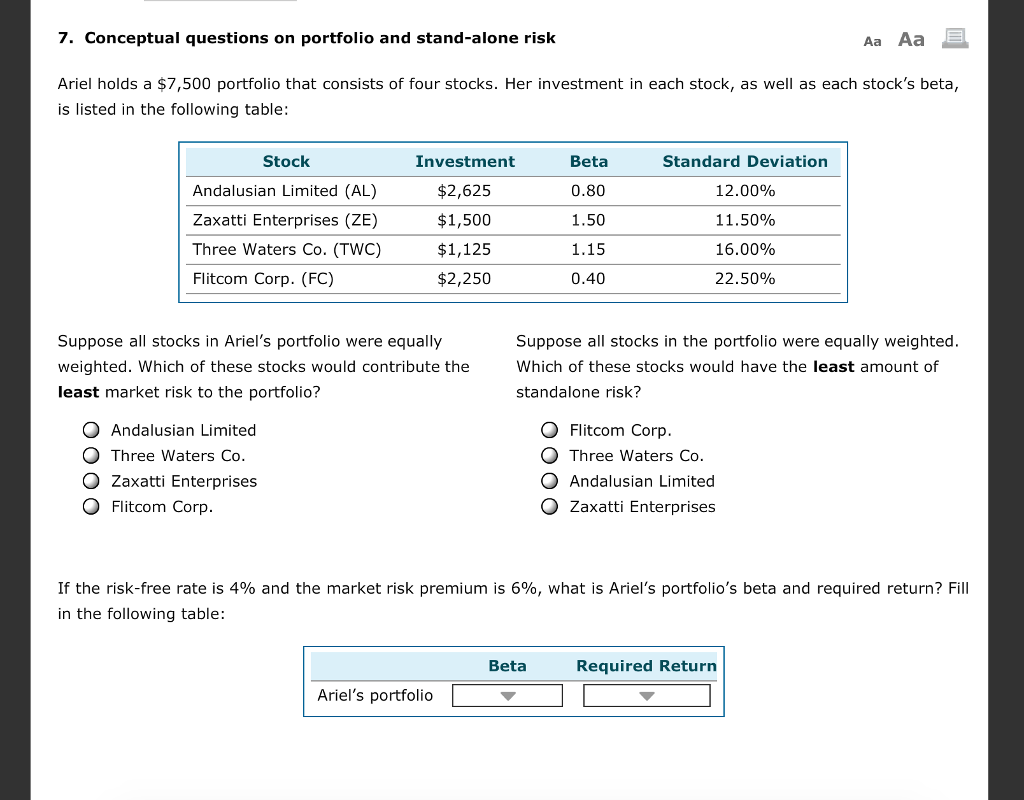 Solved Ariel Holds A 7 500 Portfolio That Consists Of Four
