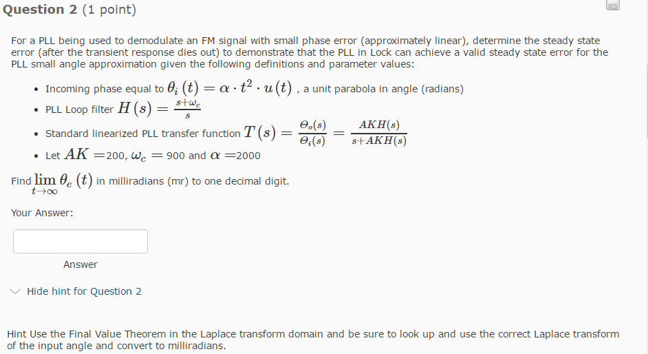 Solved Question 1: True or false Question 2: For a PLL | Chegg.com