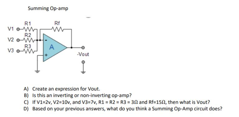Solved Summing Op-amp R1 R2 R3 Rf V2 Vout A) B) C) D) Create | Chegg.com